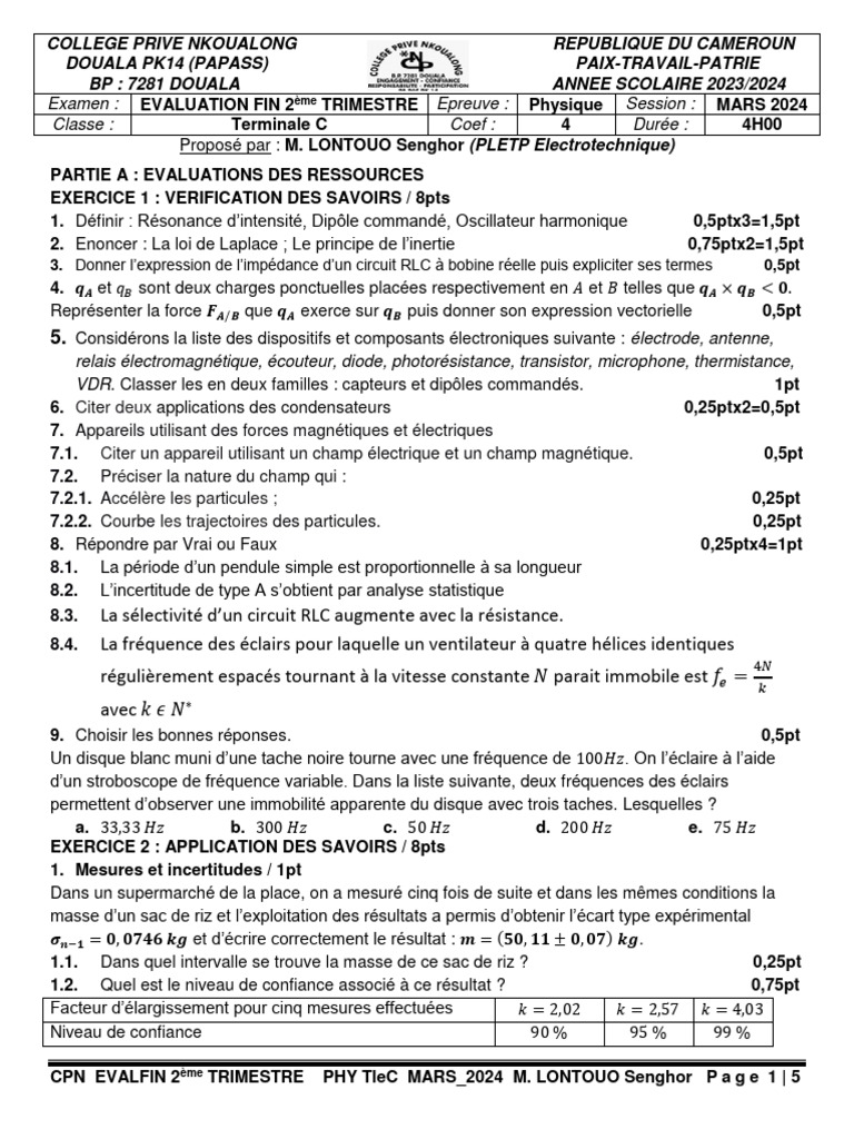 Fin 2è Trim PHY TleC Mars 2024 CPN | PDF