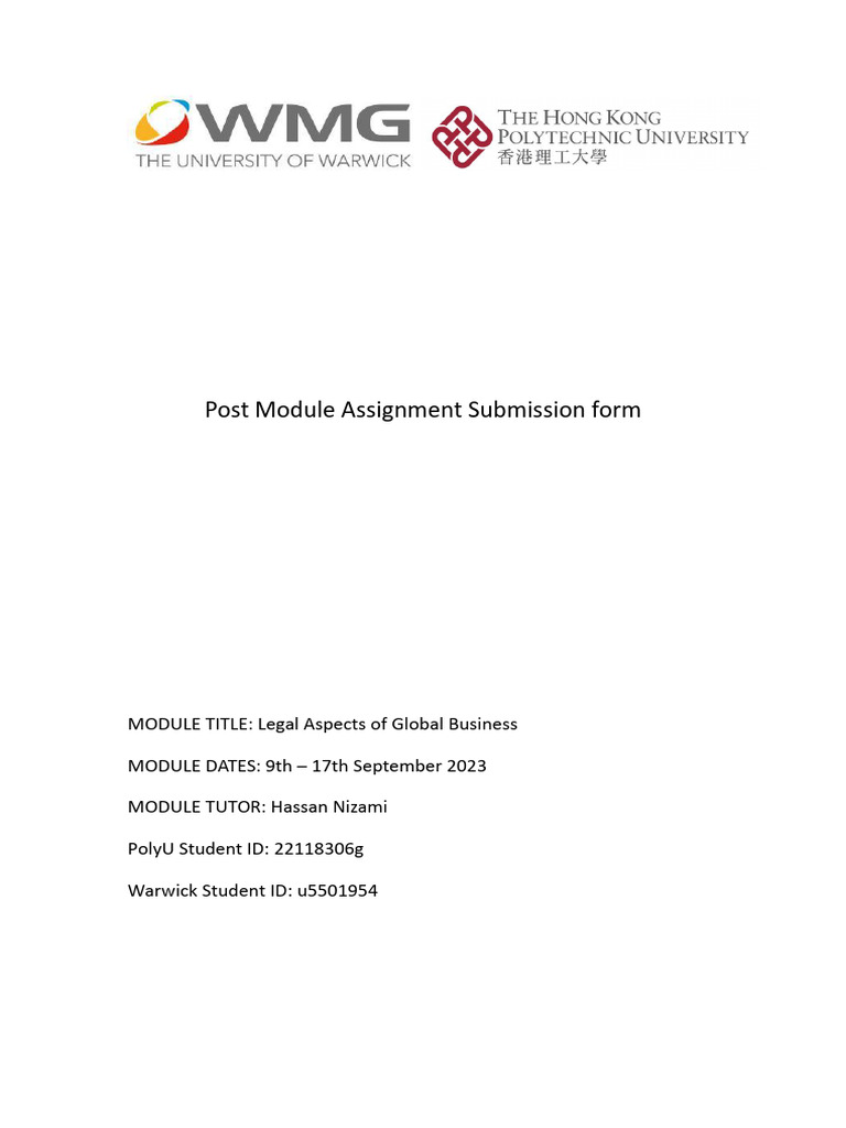 Legal Aspects of Global Business Assignment | PDF