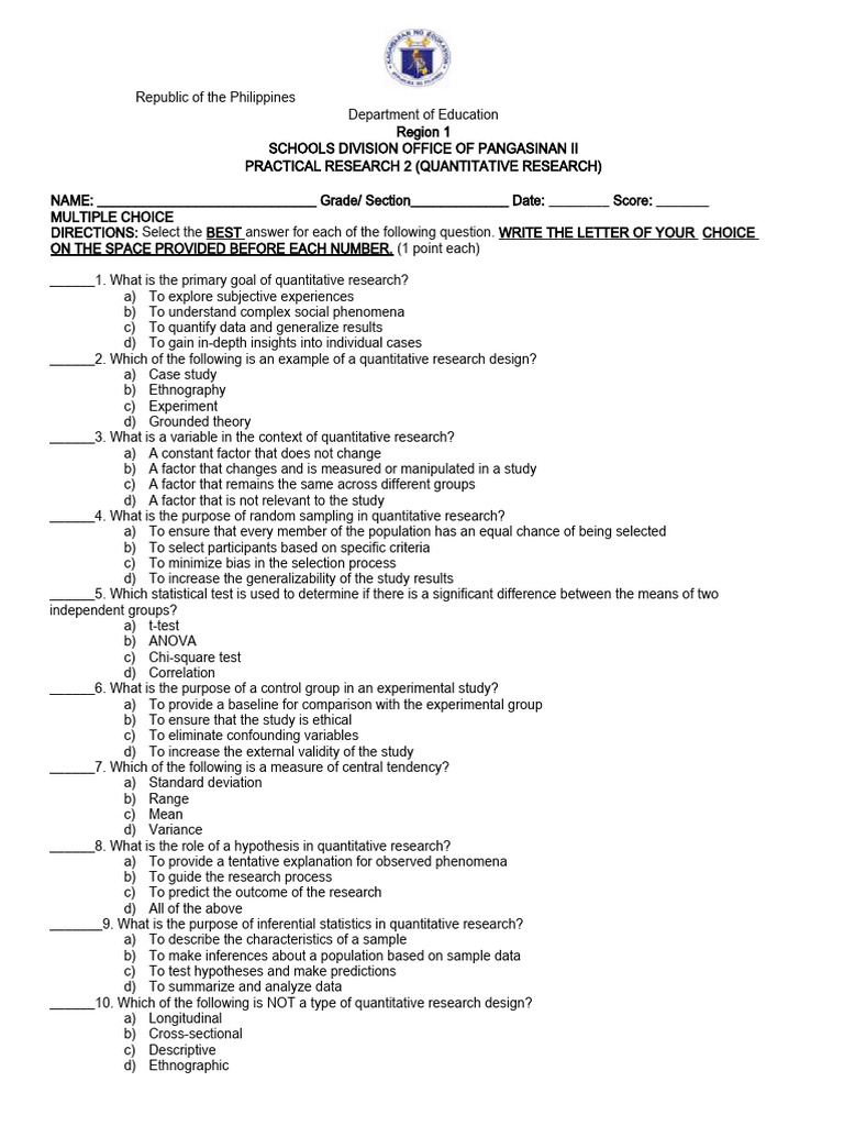 Quantitative Research MCQ Assessment | PDF | Statistics | Student's T Test