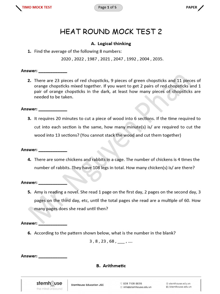 TIMO Mock Test 2 | PDF | Numbers | Length