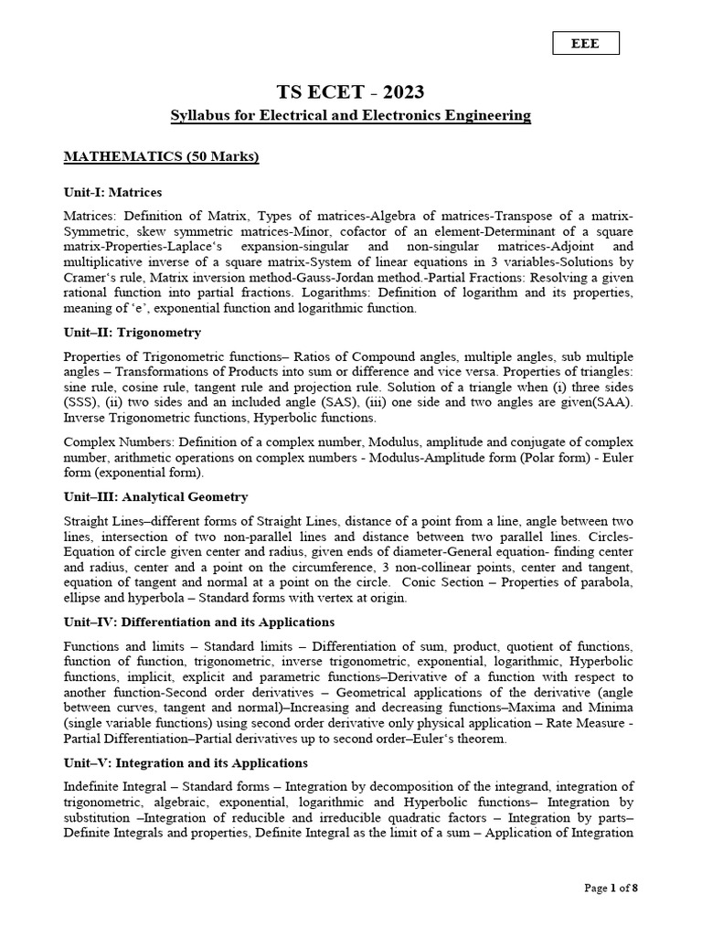 ECET 2023 EEE Syllabus Overview | PDF | Integral | Trigonometric Functions