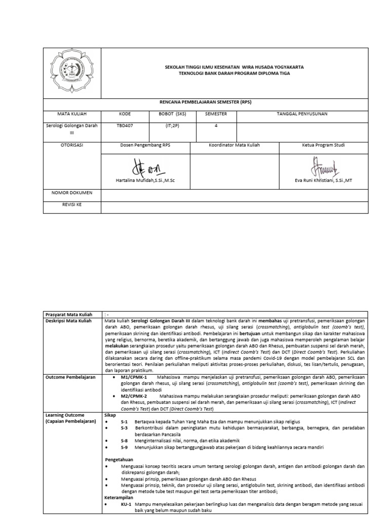 RPS Serologi Golongan Darah Iii TBD - 2021-2022 | PDF | Sains & Matematika