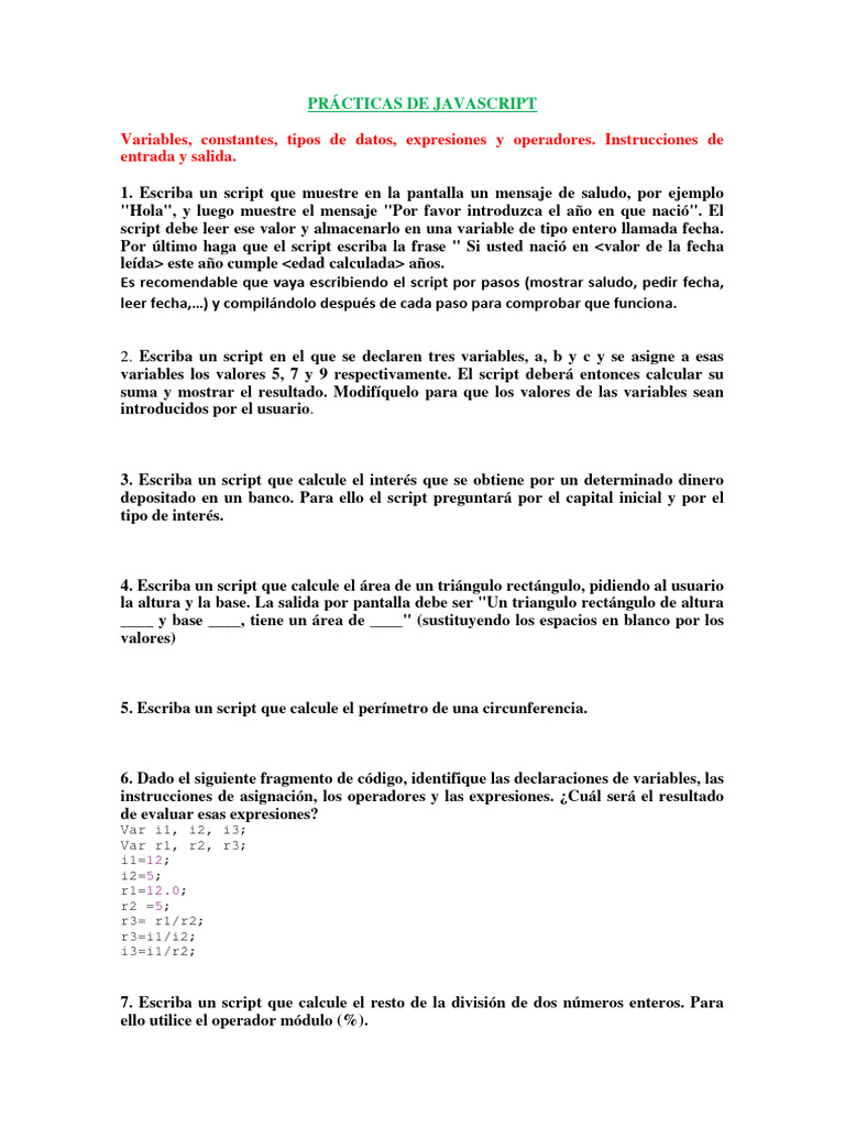 Ejercicios de Javascript Enunciados para Pasar A Alumnos | PDF | Triángulo | Script Java