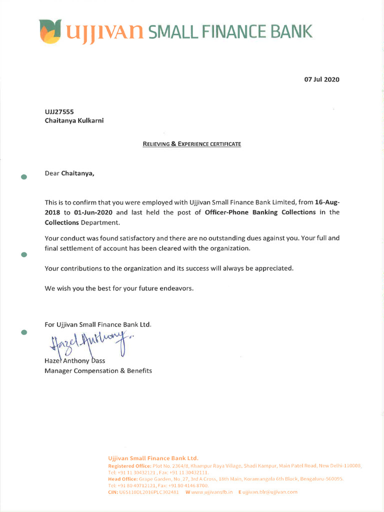 UJJ27555 Relieving & Experience Letter | PDF