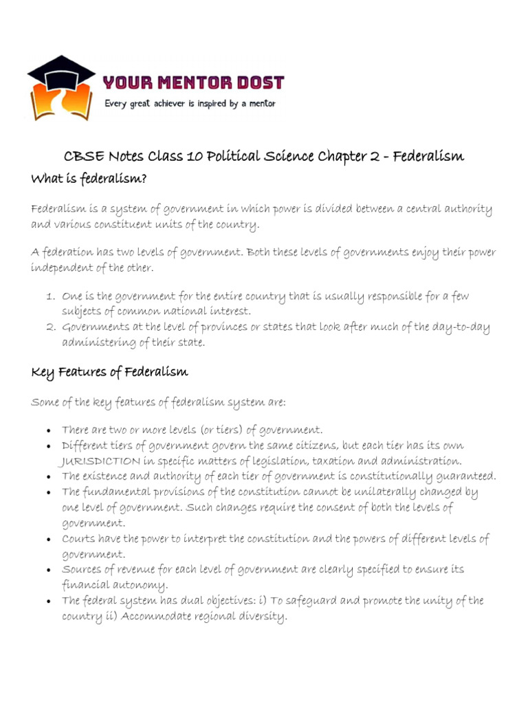 CBSE Notes Class 10 Political Science Chapter 2 - Federalism | PDF ...