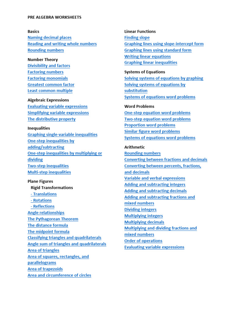 Z-List of Pre Algebra Worksheets | PDF | Area | Equations