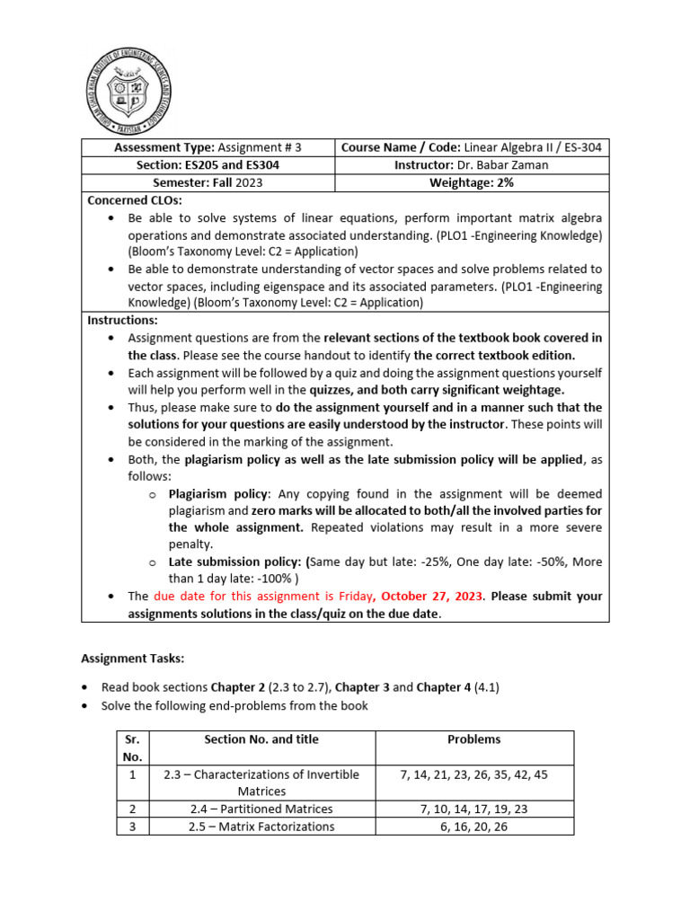 Linear Algebra II Assignment 3 | PDF | Determinant | Matrix (Mathematics)
