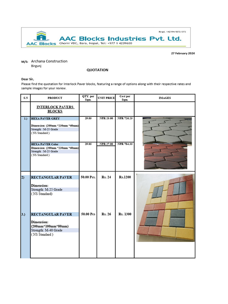 Paver Quotation For Archana Construction | PDF