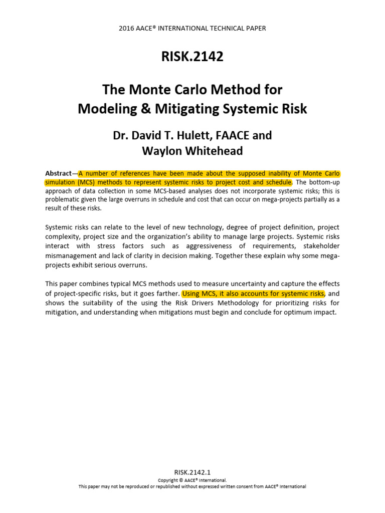 2016 AACE - Risk-2142 - Dr. David Hulett - The Monte Carlo Method For ...