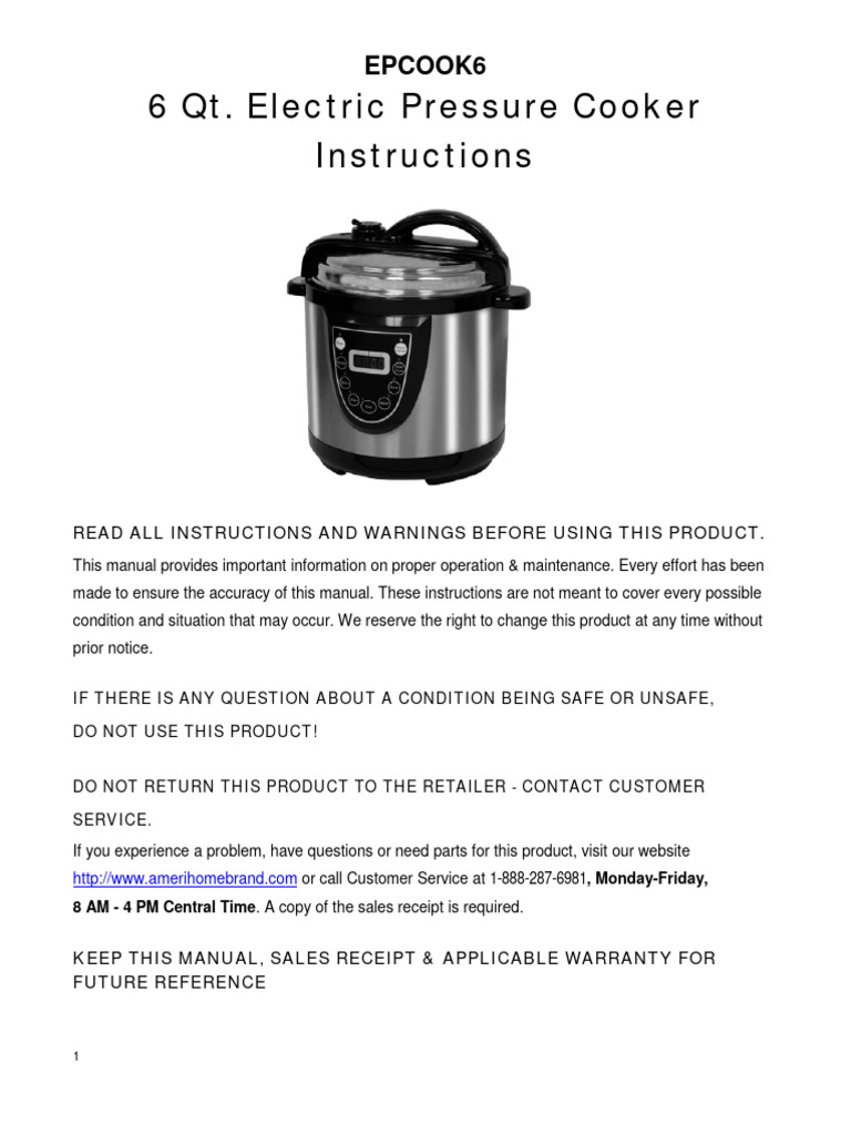 6 Qt. Electric Pressure Cooker Instructions: Epcook6 | PDF | Pressure ...