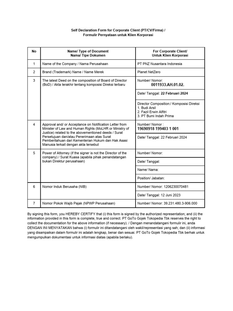 Self Declaration Form For Corporate Client (PT - CV - Firma) | PDF