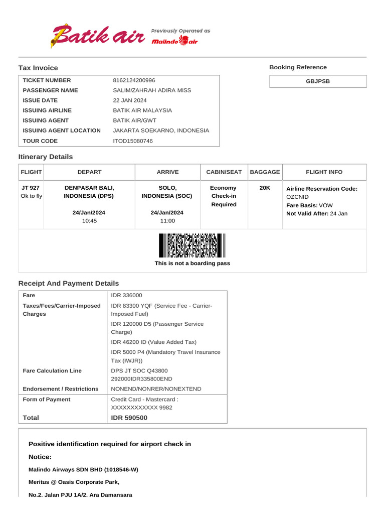 Batik Air Malaysia Tax Invoice Details | PDF | Credit Card