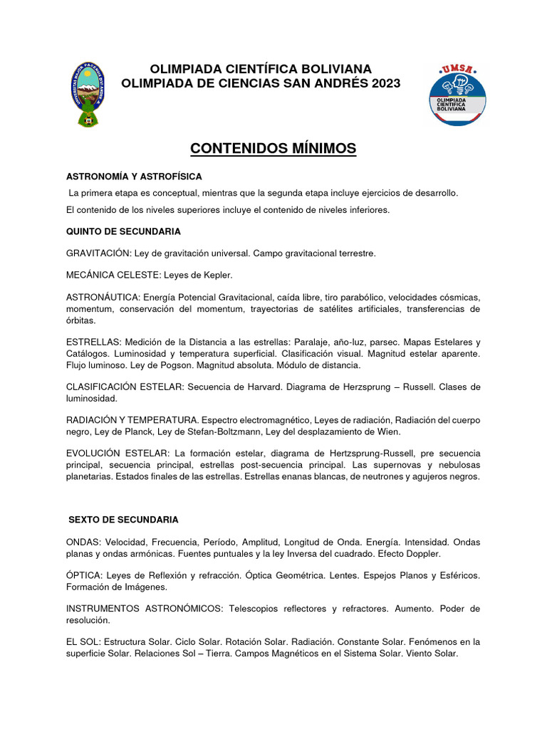 Contenidos Minimos Ocsa 2023 | PDF | Estrellas | Química
