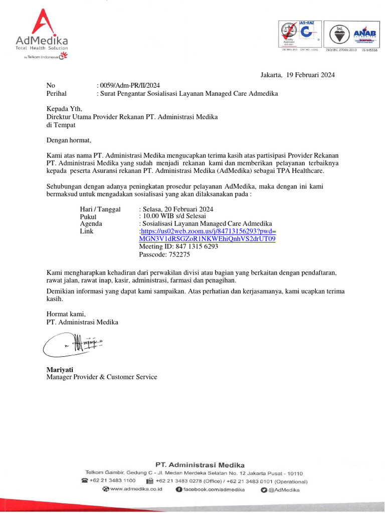 Surat Pengantar Sosialisasi Managed Care Admedika (20 Februari 2024 10. ...
