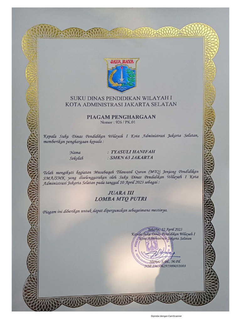 Piagam MTQ 2023 | PDF