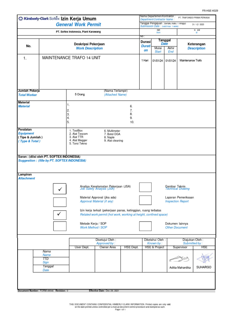 FORM-49546 FR-HSE-K029.rev.0 GENERAL WORK PERMIT-1 | PDF | Workplace | Safety