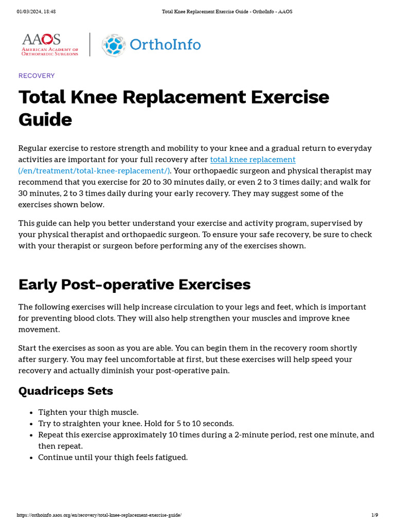 Total Knee Replacement Exercise Guide | PDF