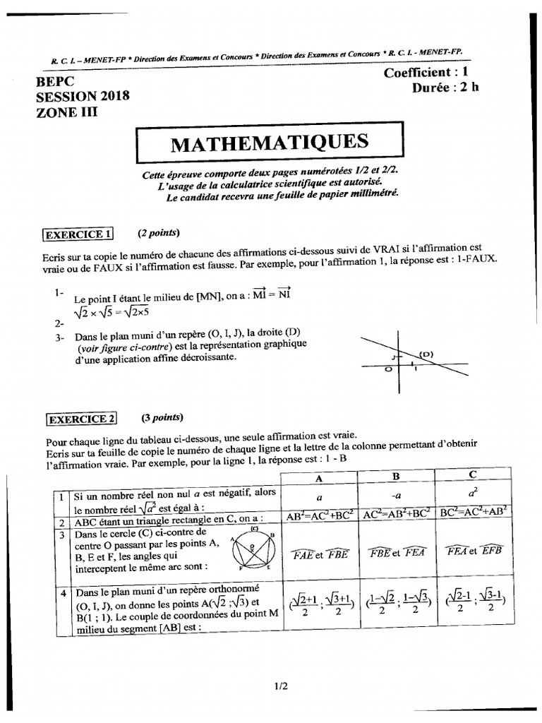 Bepc Z3 Math 2018 | PDF