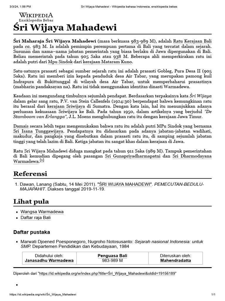Ratu Pertama Bali: Śri Wijaya Mahadewi | PDF