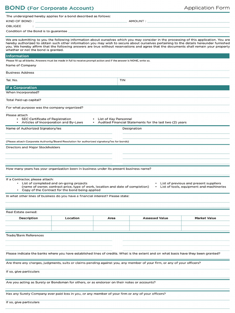 Bond Application Form - New (Corp.) | PDF