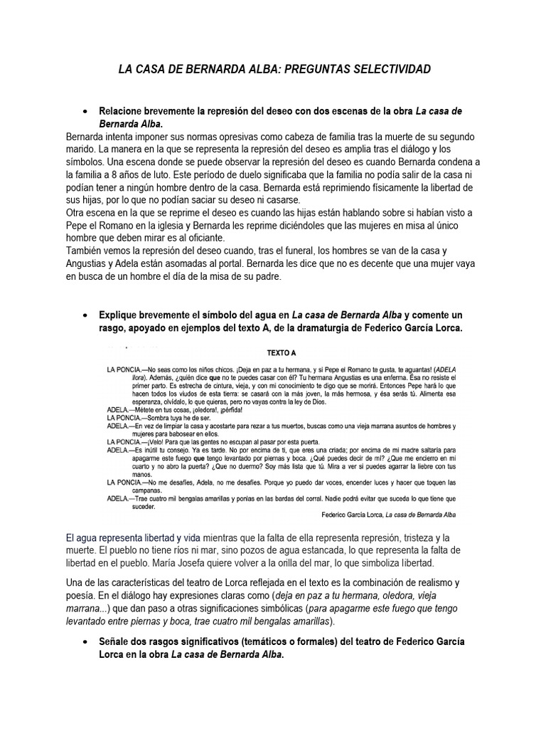 La Casa de Bernarda Alba Preguntas Ebau Andalucía | PDF