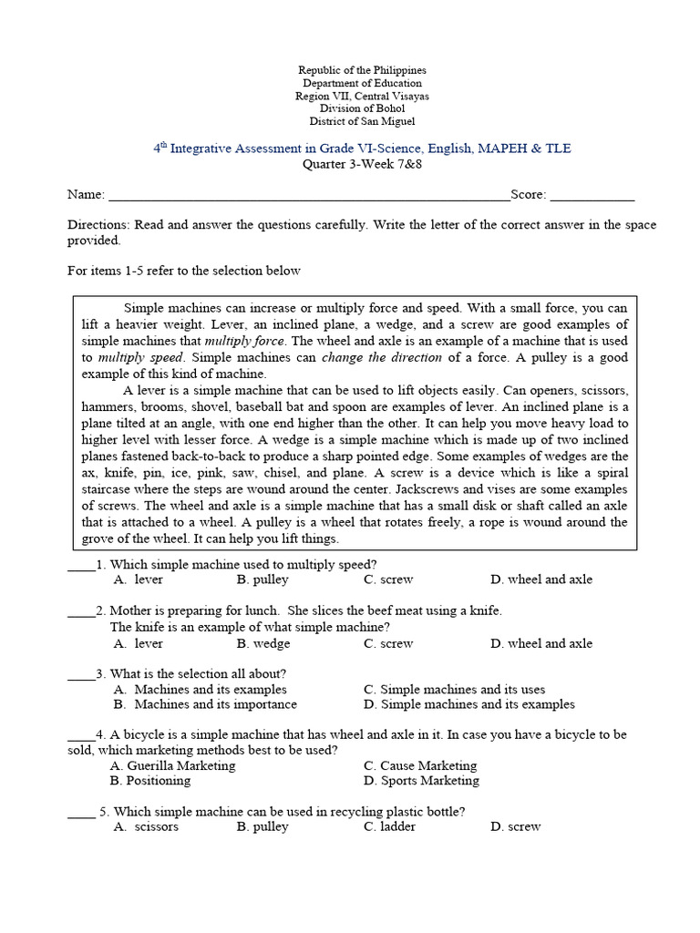 Grade VI Integrative Assessment: Science, English, MAPEH, TLE | PDF
