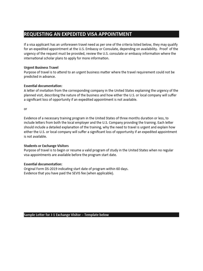 j1 Expedite Visa Appointment Request Letter Template | PDF