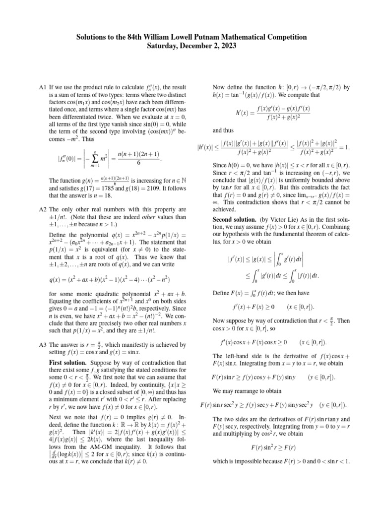 Putnam 2023 Sessions A & B Solutions | PDF