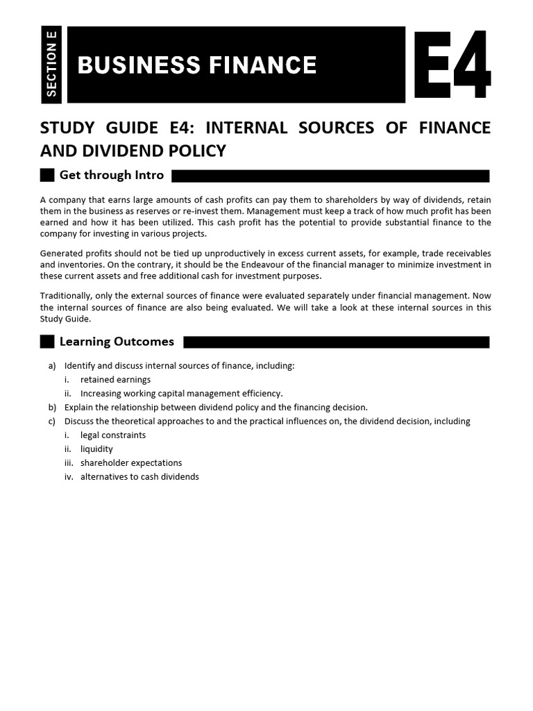 Study Guide E4: Internal Sources of Finance and Dividend Policy | PDF | Dividend | Stocks