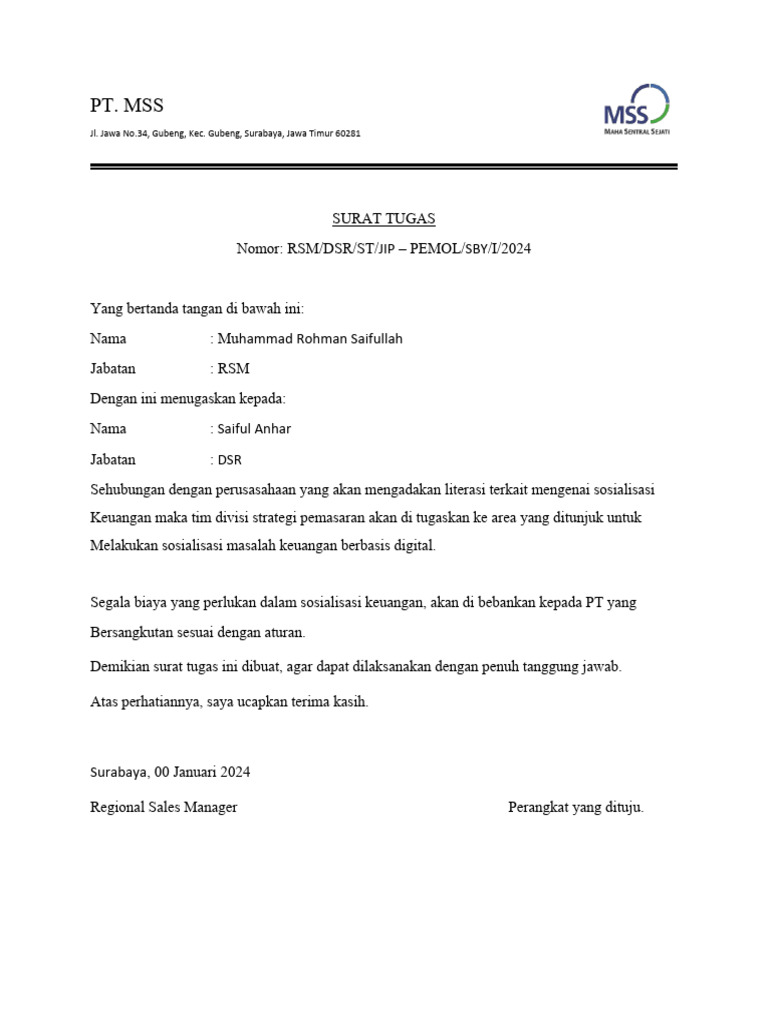 Contoh Surat Penugasan | PDF