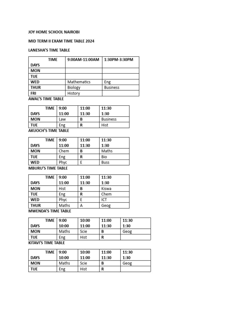 Joy Home School Midterm Exam Timetable | PDF | Mathematics