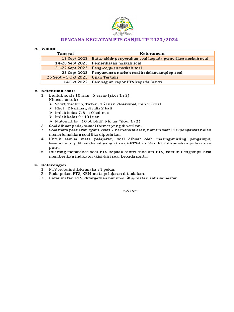 Uraian Kegiatan PTS S-Ganjil TP. 2023-2024 | PDF