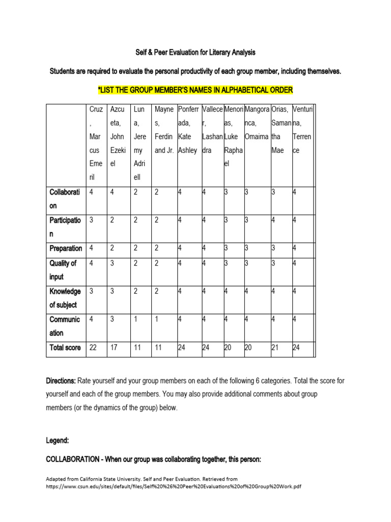 Self Peer Evaluation | PDF