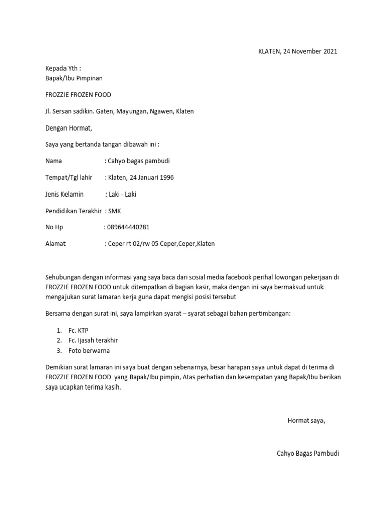 Surat Lamaran Kerja di Frozzie Food | PDF | Memasak, Makanan, & Anggur ...