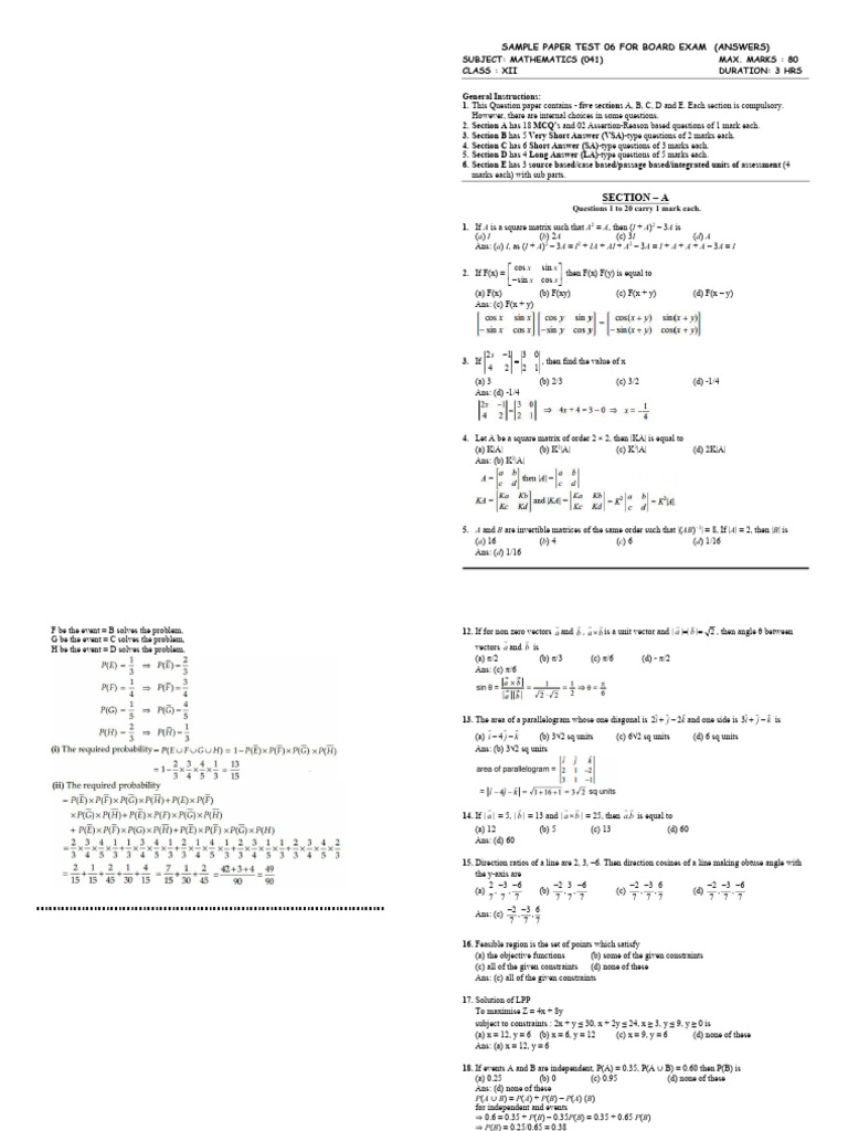 Class 12 Math Board Exam Prep | PDF | Mathematics | Mathematical Concepts