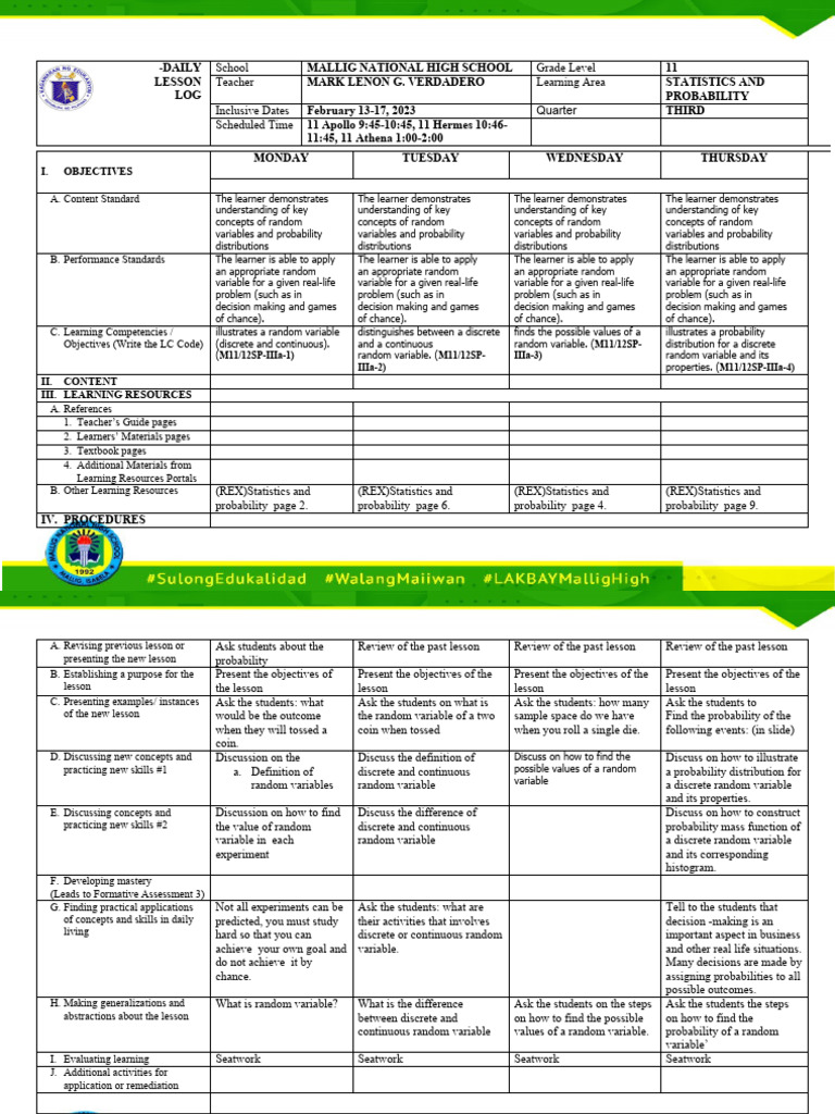 Stat&Prob 3rd Week 1 | PDF | Language Arts & Discipline