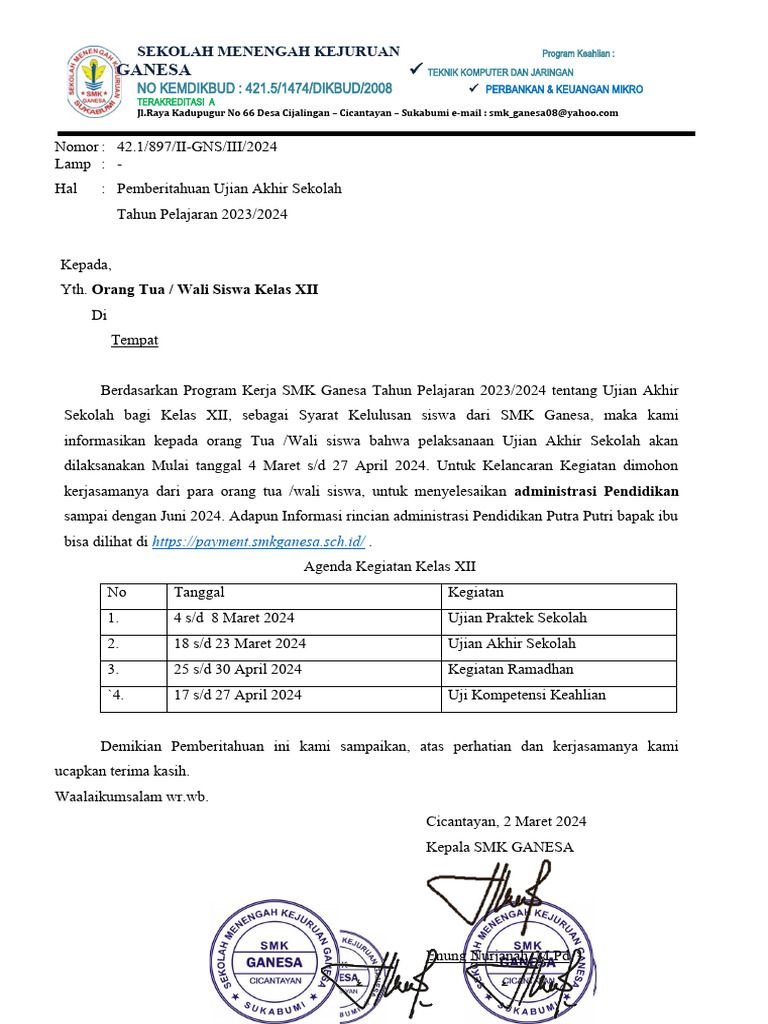 Pemberitahuan Ujian Kelas XII | PDF