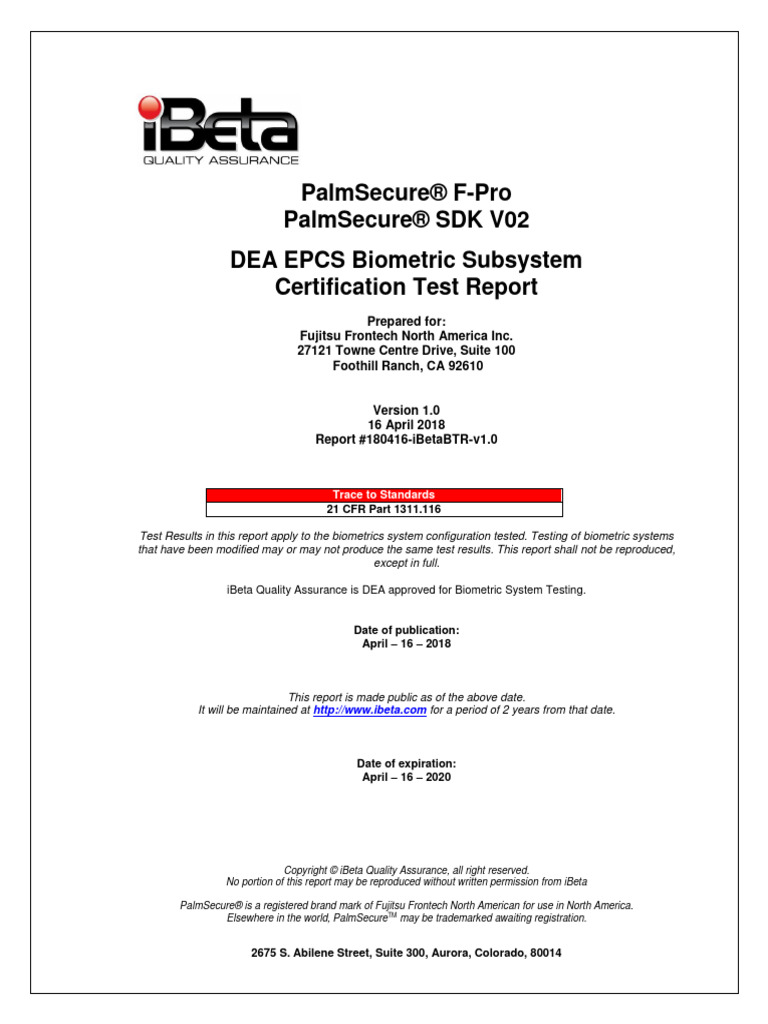 Palmsecure Fpro Biometric Subsystem Certification Report V1 0 Pdf 10 23