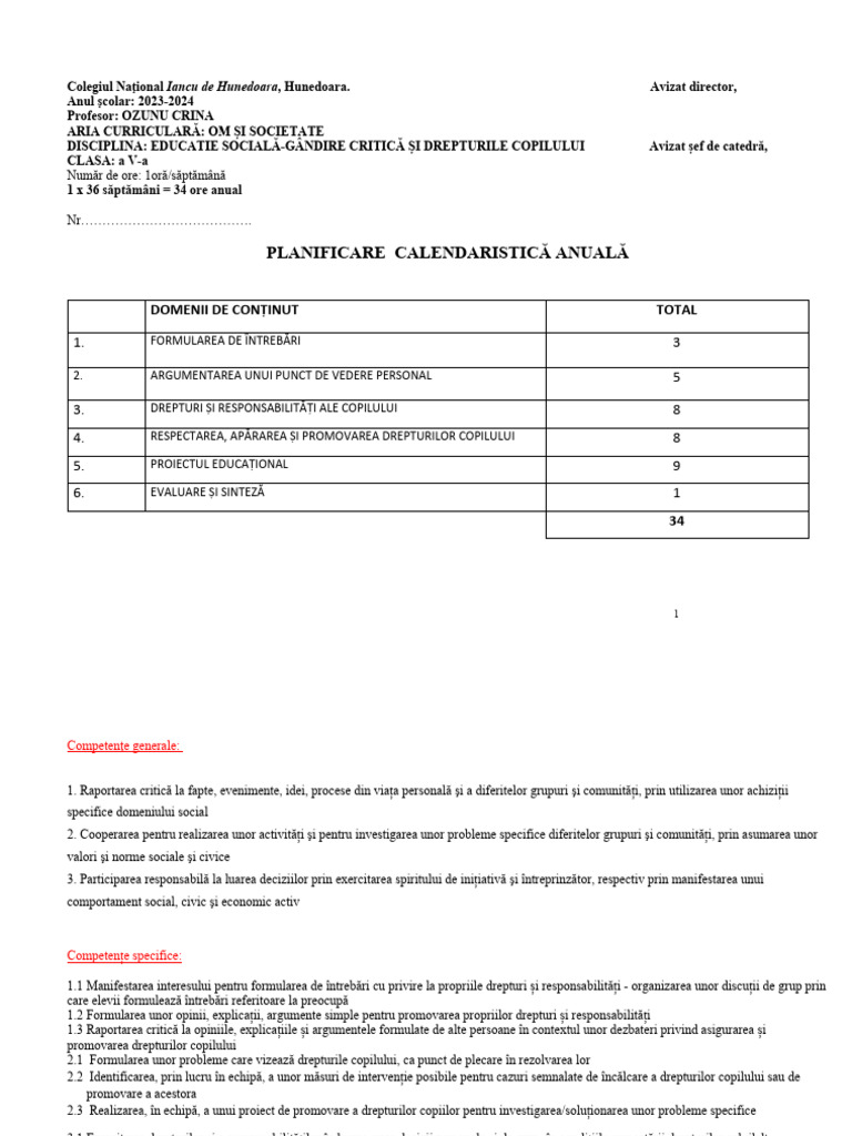 Planificare Educatie Sociala Cls. V | PDF