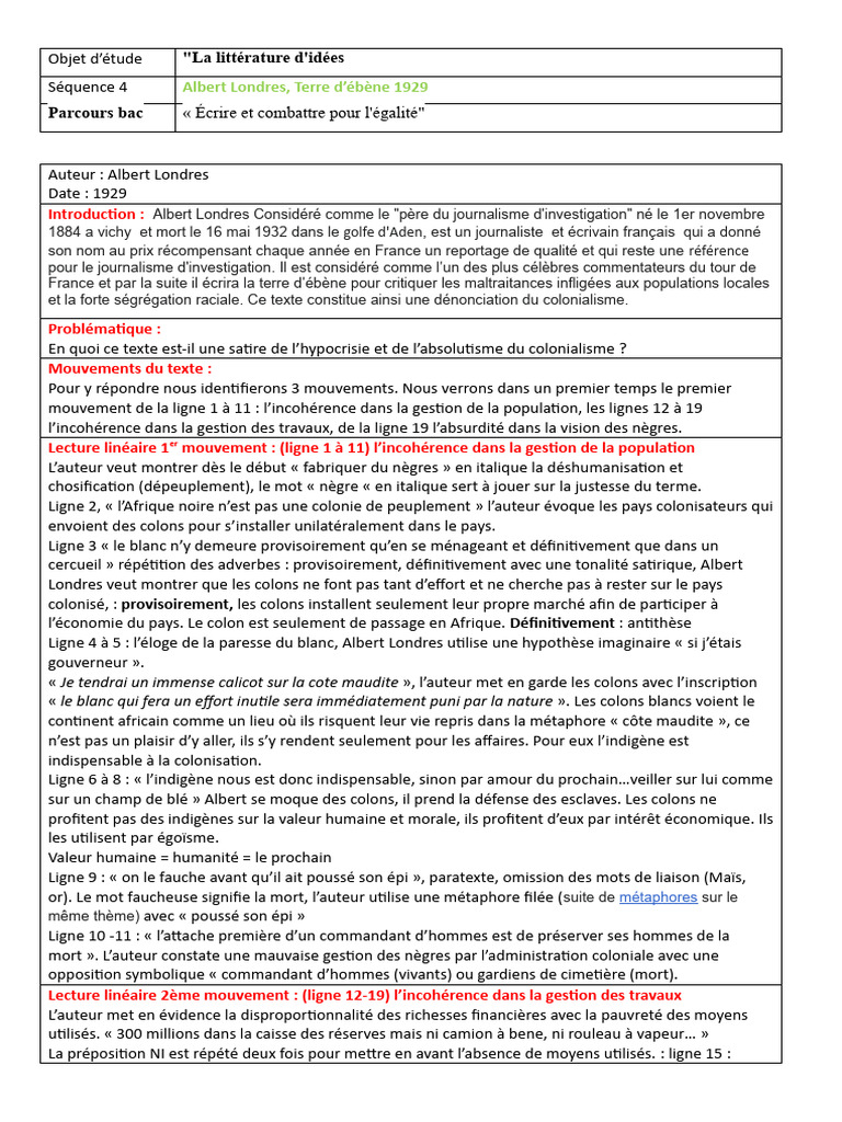 4- Explication linéaire Terre d'Ebene Albert Londres | PDF