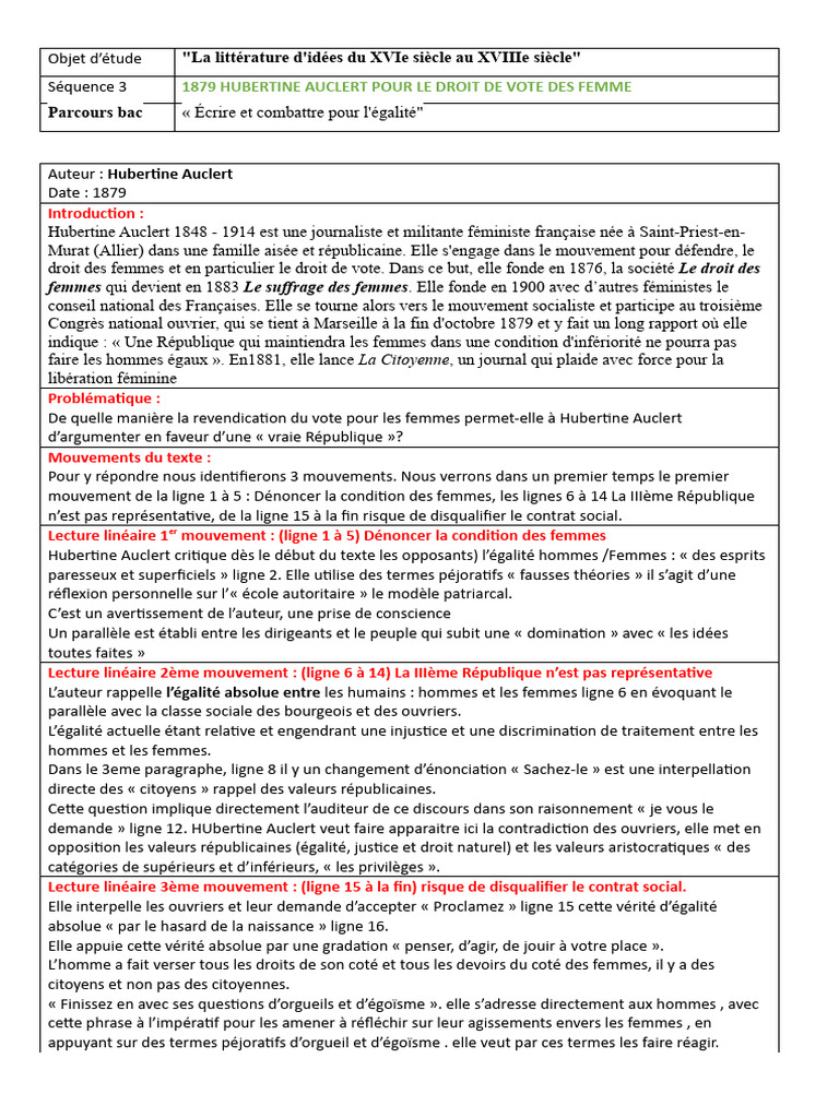 3 - Explication Linéaire Discours Lors Du 3e Congrès Ouvrier Hubertine Auclert | PDF