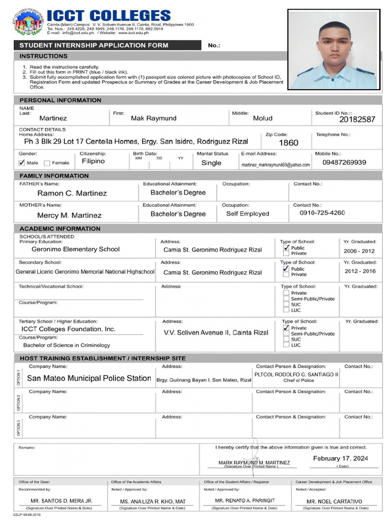 MARK RAYMUND MARTINEZ ICCT SIP Application Form | PDF