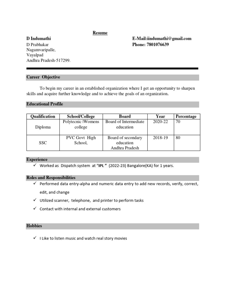Resume Indumathi v.1 | PDF