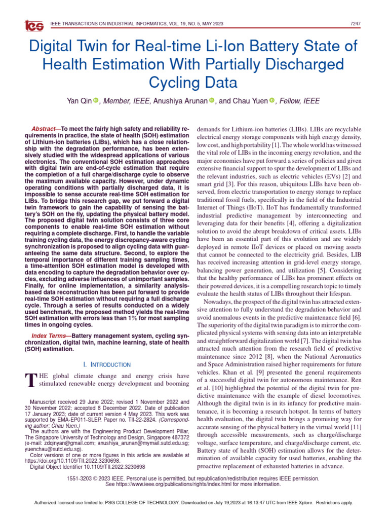 Digital Twin for Real-time Li-Ion Battery State of Health Estimation With Partially Discharged ...