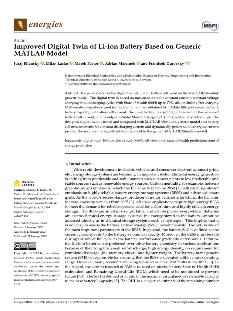 Improved Digital Twin of LiIon Battery Based On Generic MATLAB ...