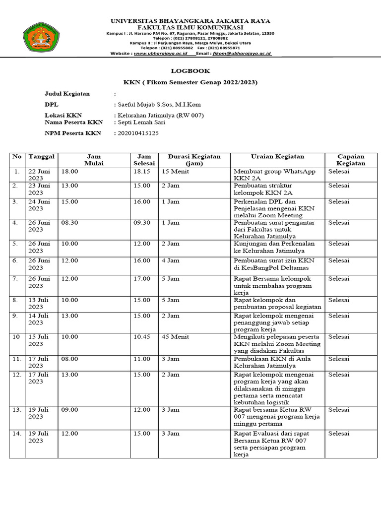 Logbook KKN Septi | PDF