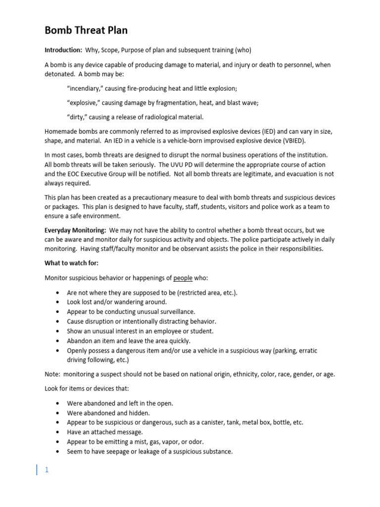 Bomb Threat Response and Safety Plan | PDF | Improvised Explosive Device