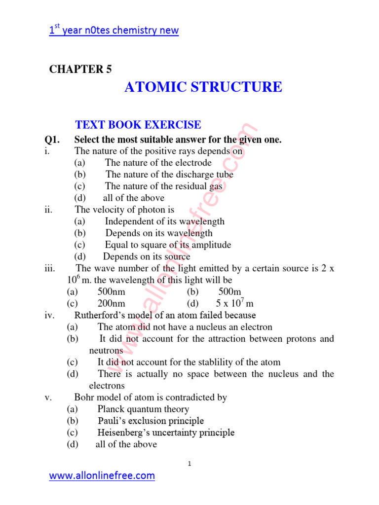 5 Chapter Atomic Structure Text Book Exercise | PDF