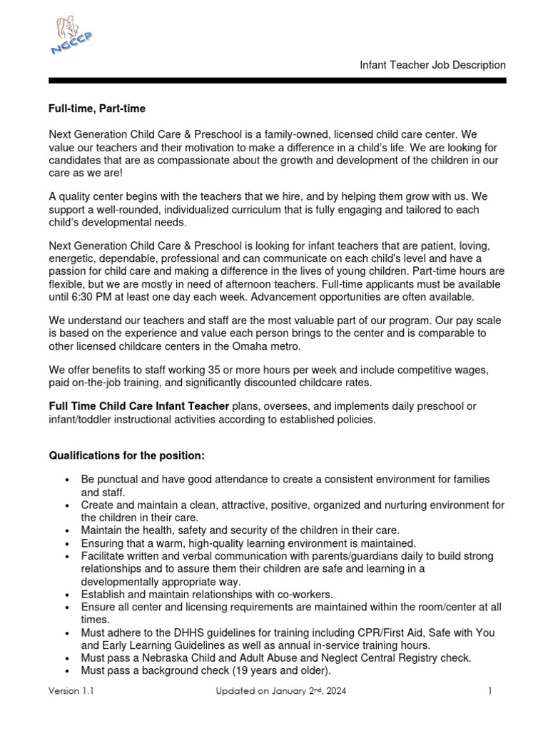 Infant Teacher Job Description V1.1 | PDF