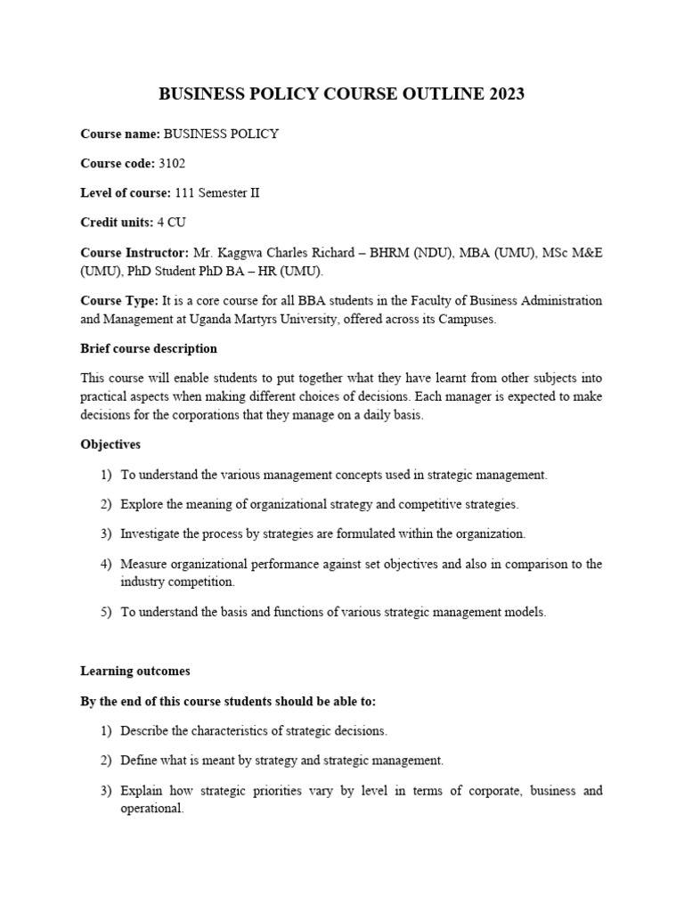 Business Policy Course Outline 2023 | PDF